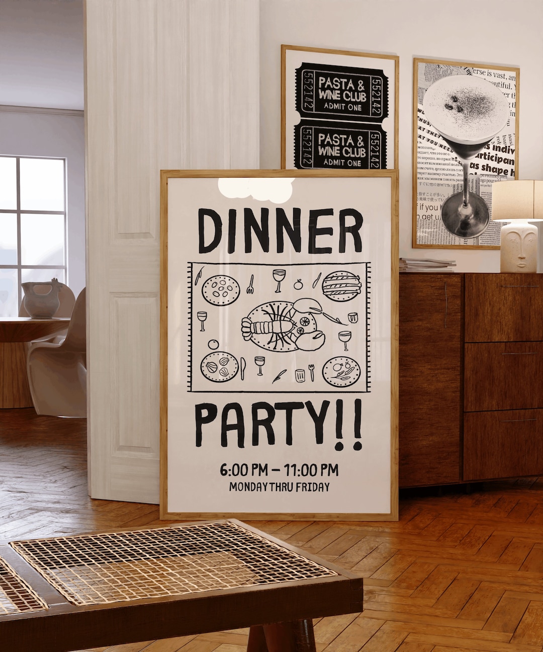 Dinner Party Poster, Pasta Art, Bar Cart Wall Art, Coquette Room Decor ...