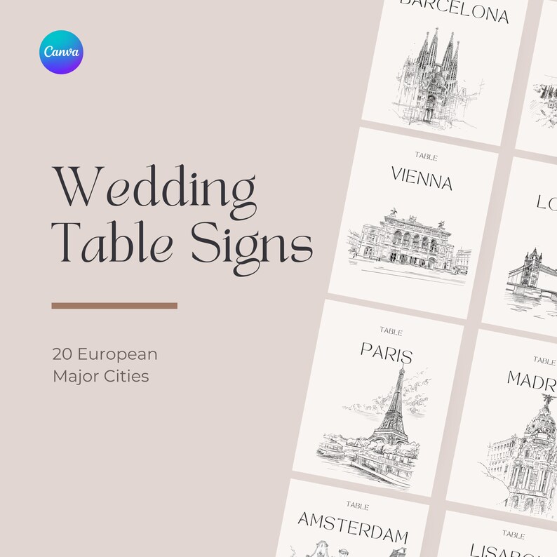 Wedding Architecture Table Names | Travel Wedding Numbers | Canva Table ...