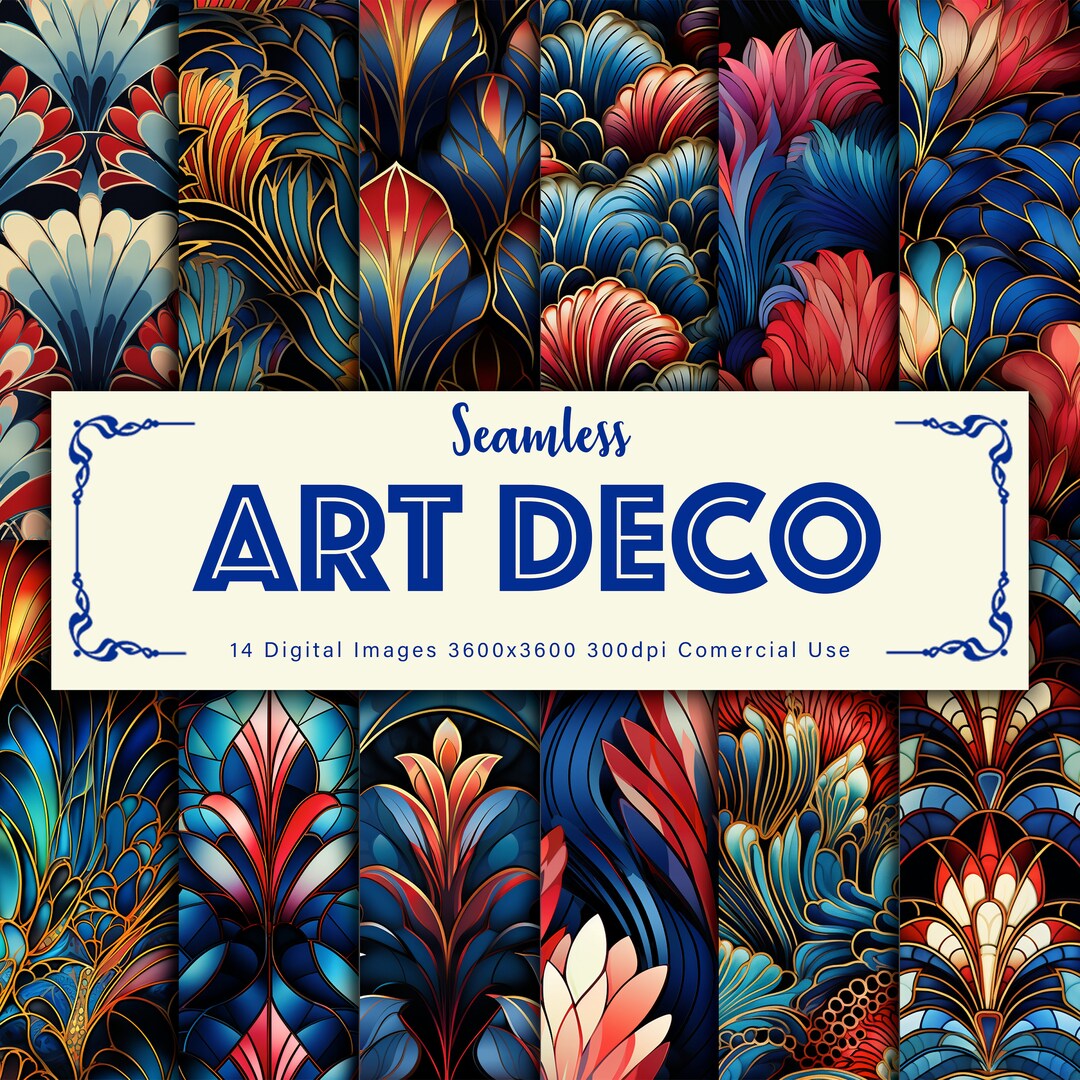 Red & Blue Art Deco Digital Paper, Seamless Patterns Geometric Designs ...