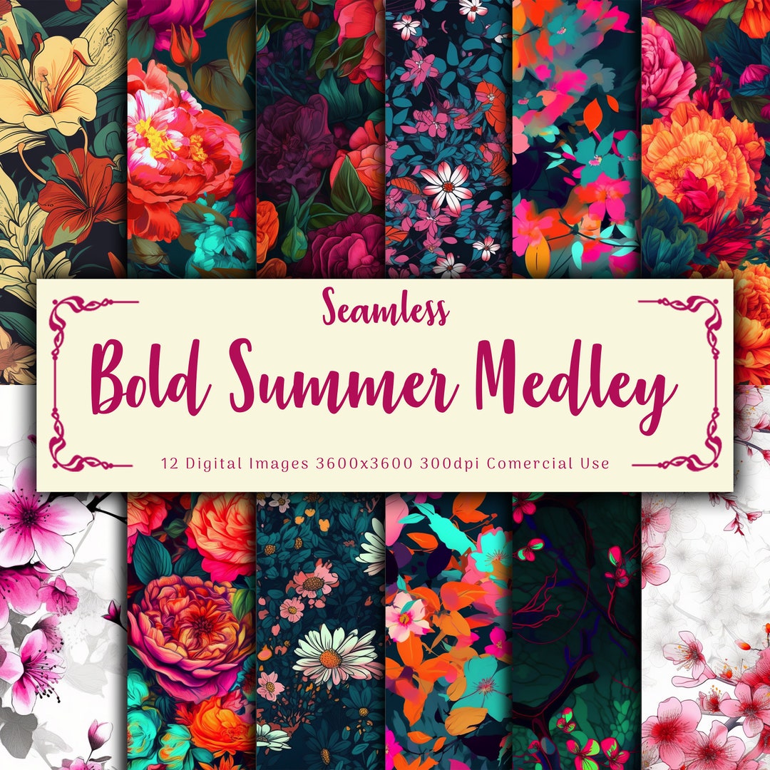 Seamless Digital Paper Summer Floral Medley Bold Colors Bright Flower ...