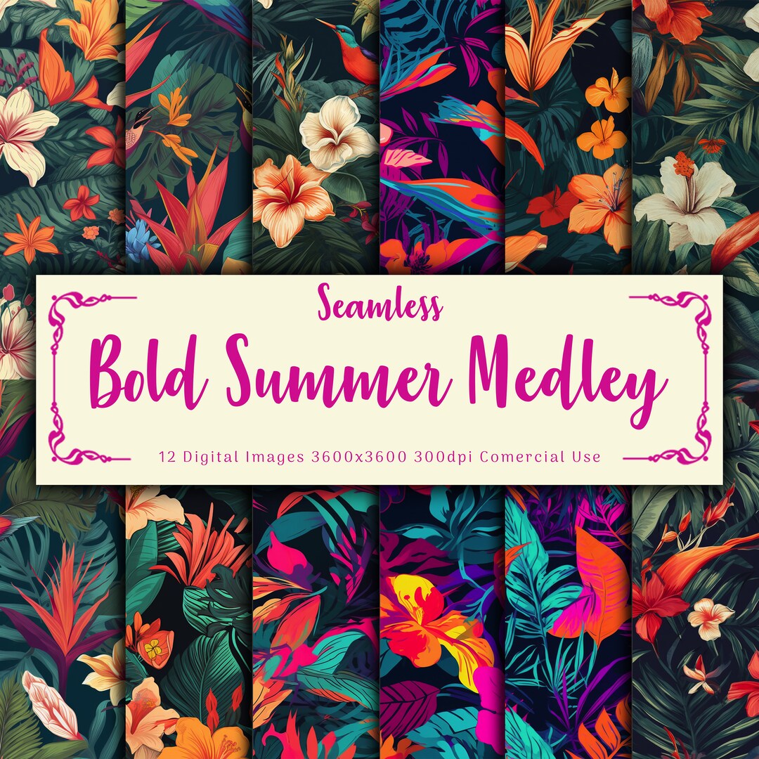 Digital Paper Summer Floral Medley - Bold Bright Flower Background - 12 ...