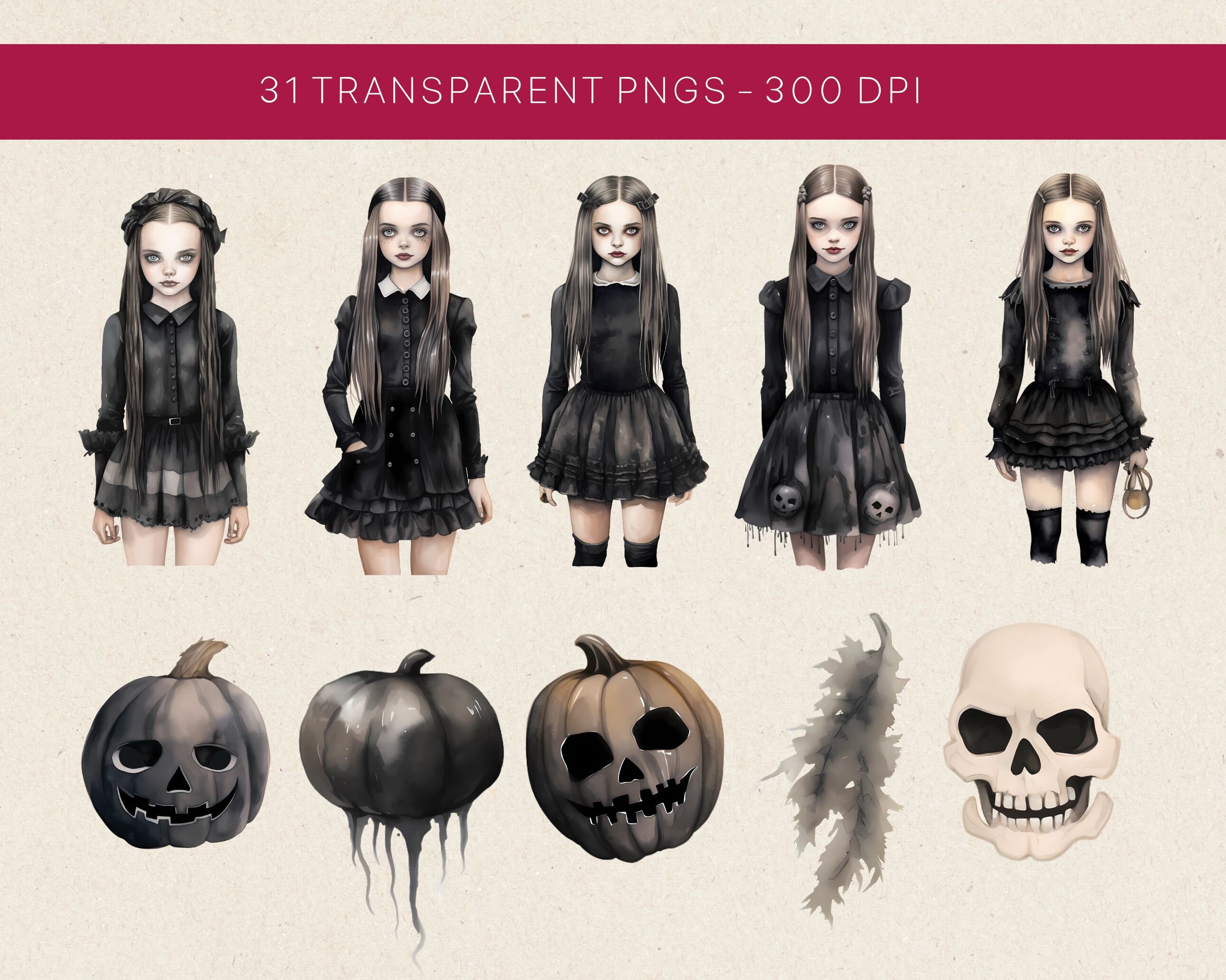 Gothic Girl Halloween Clipart. Wednesday Inspired Halloween Clipart ...