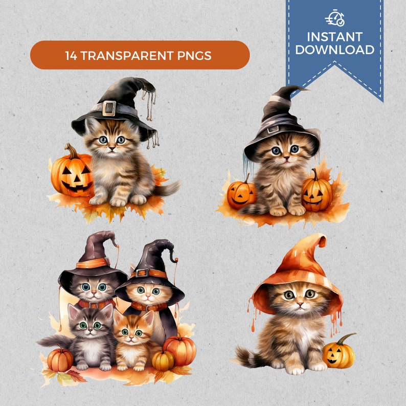 Halloween Cat Clipart Kittens PNG Halloween Watercolor Clipart - Etsy
