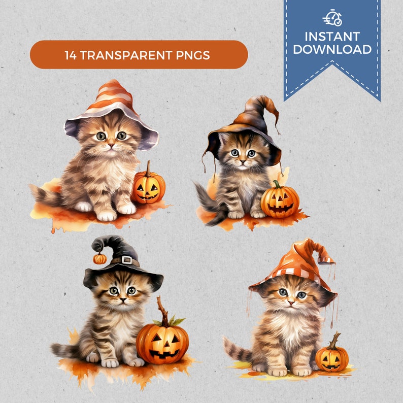 Halloween Cat Clipart Kittens PNG Halloween Watercolor Clipart - Etsy