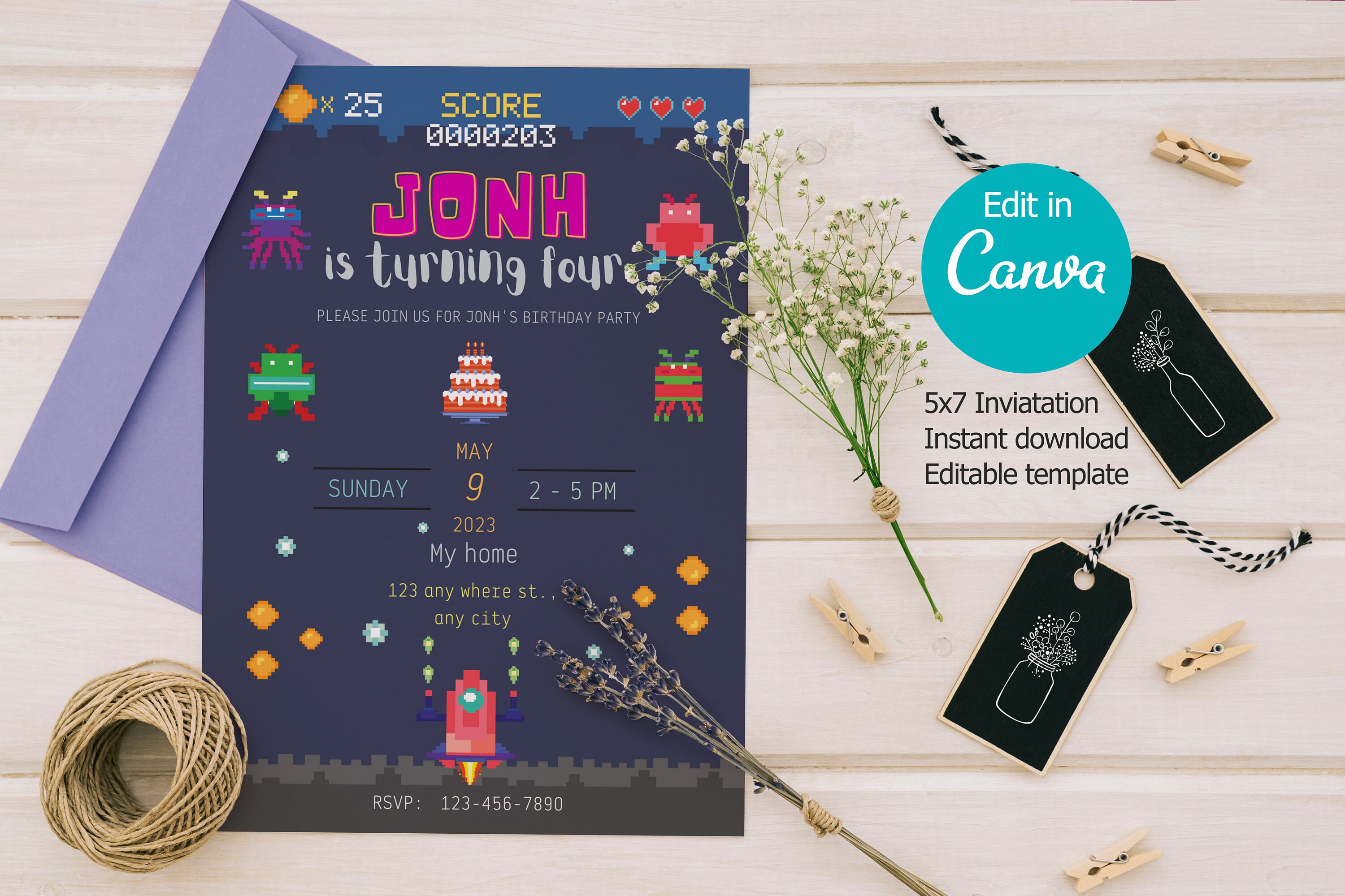 Pixel Space Invaders Birthday Invitation Card Template, Space Invaders ...