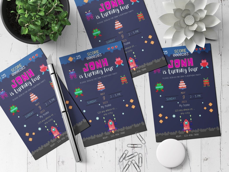 Pixel Space Invaders Birthday Invitation Card Template, Space Invaders ...