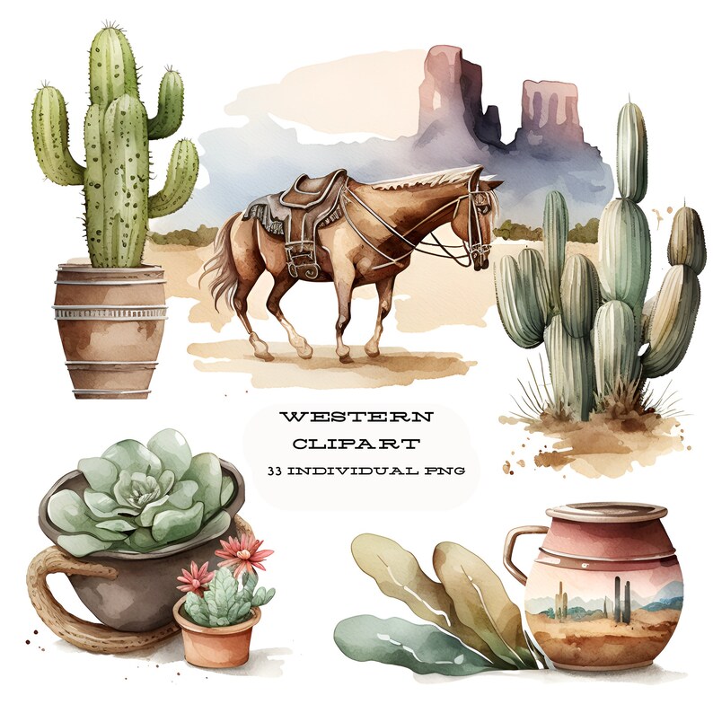 Watercolor Western Clipart - Horse Clipart - Succulent Clipart - Cowboy ...
