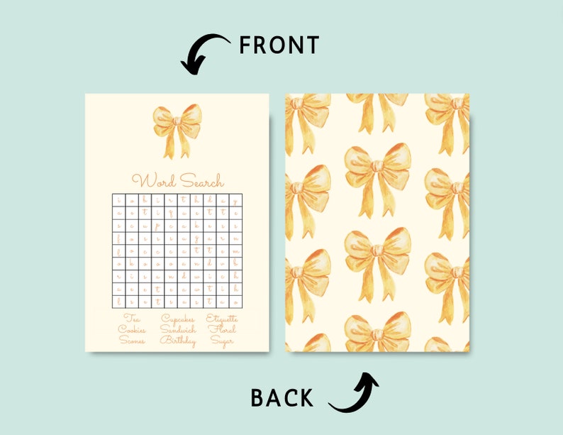 Coquette Word Search Activity Gold Party Games Elegant Bow Theme Tea ...