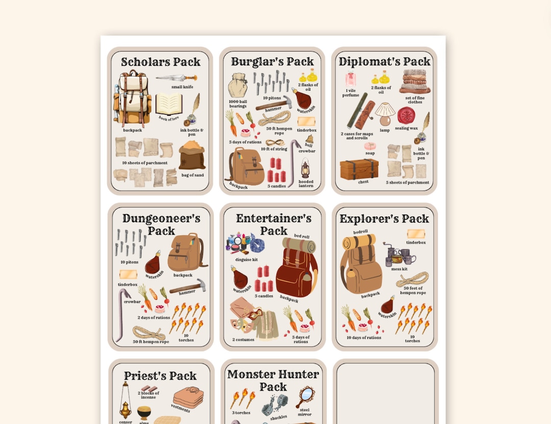 DND Equipment Packs | Set of Printed Visual Aid Media | PDF Player ...