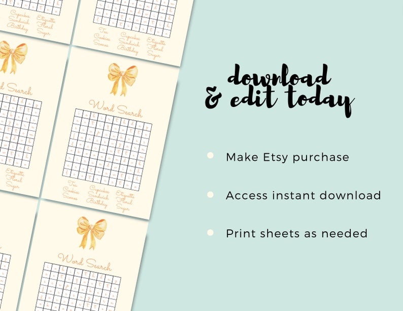 Coquette Word Search Activity Gold Party Games Elegant Bow Theme Tea ...