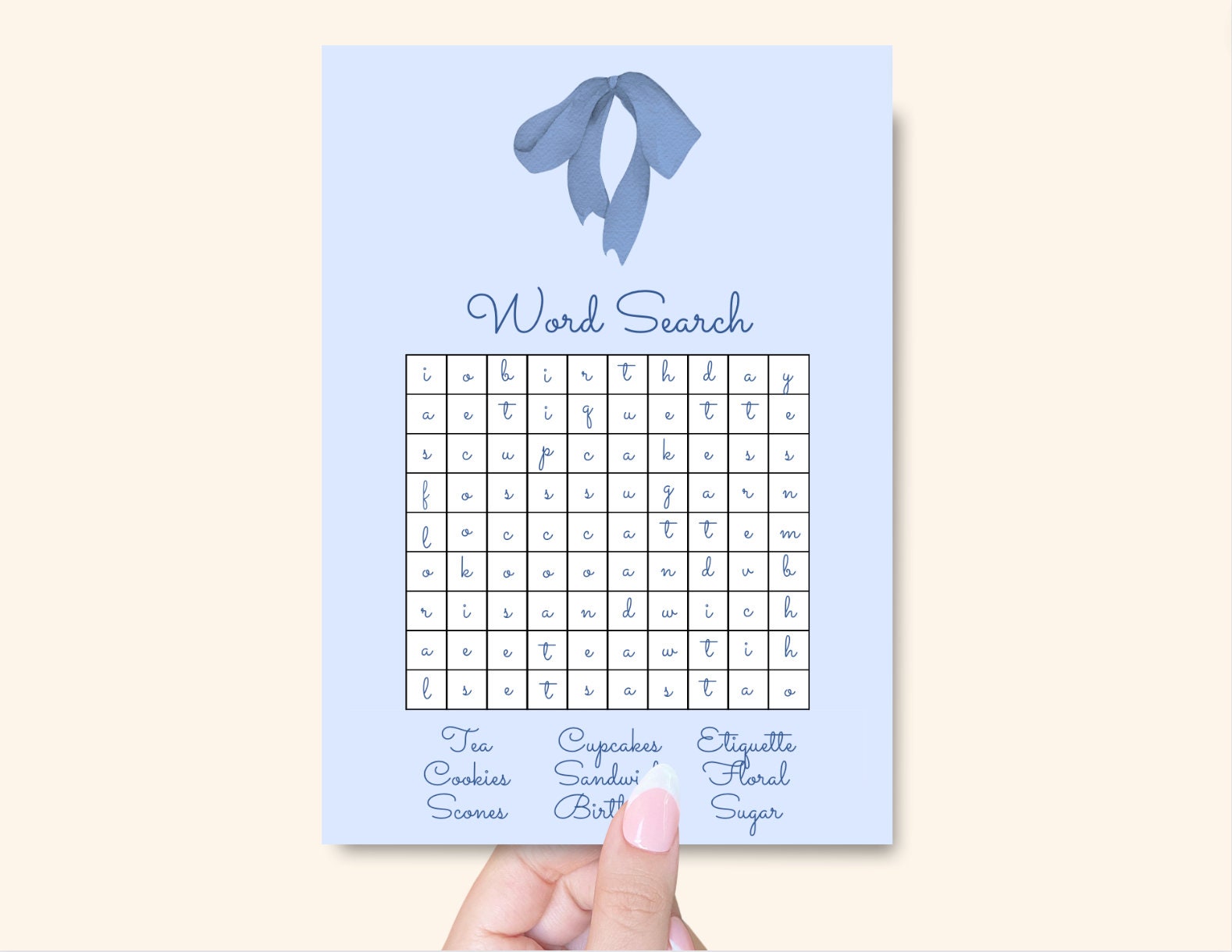 Coquette Word Search Activity Blue Game Elegant Bow Theme Tea Party DIY ...