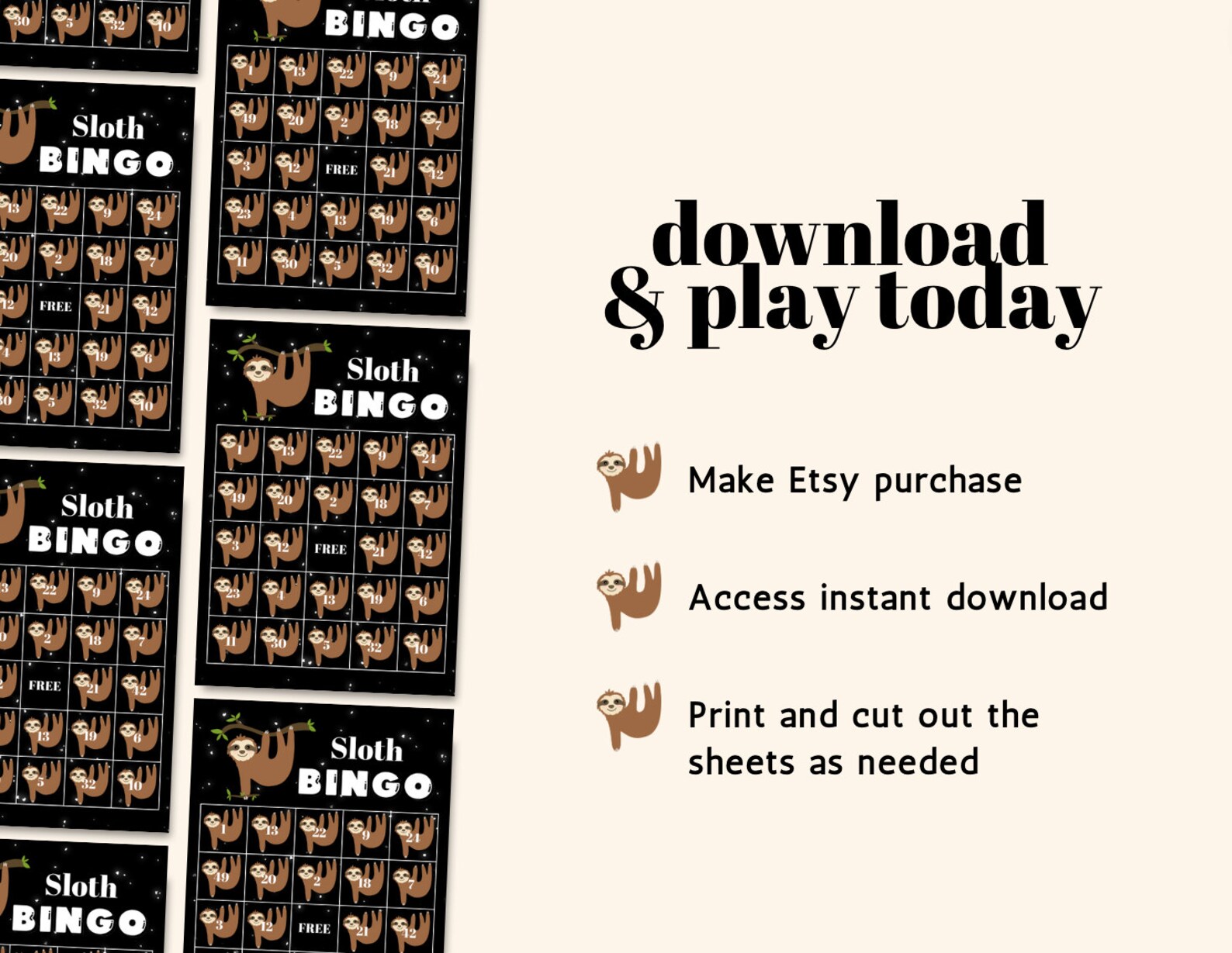 Sloth Birthday Bingo Kids Glow Birthday Activity Bingo Game Sloth ...