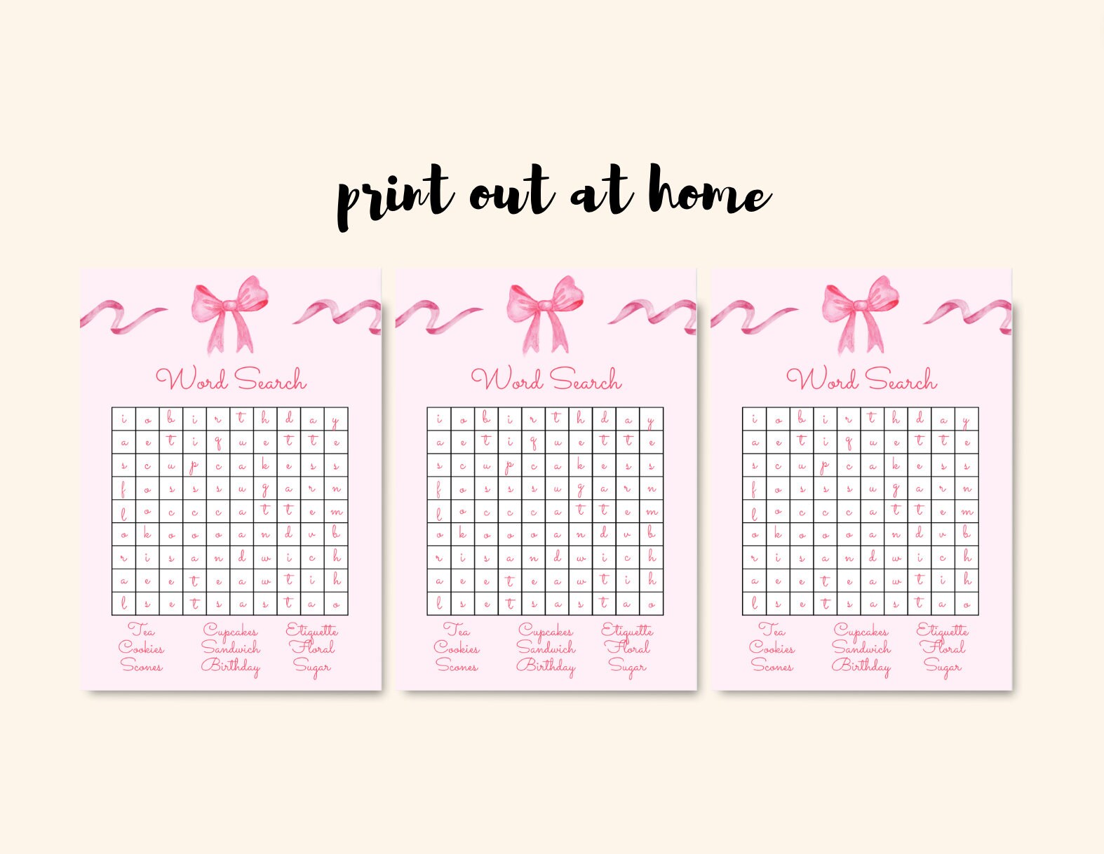 Coquette Birthday Word Search Activity | Girls Pink Game | Elegant Bow ...