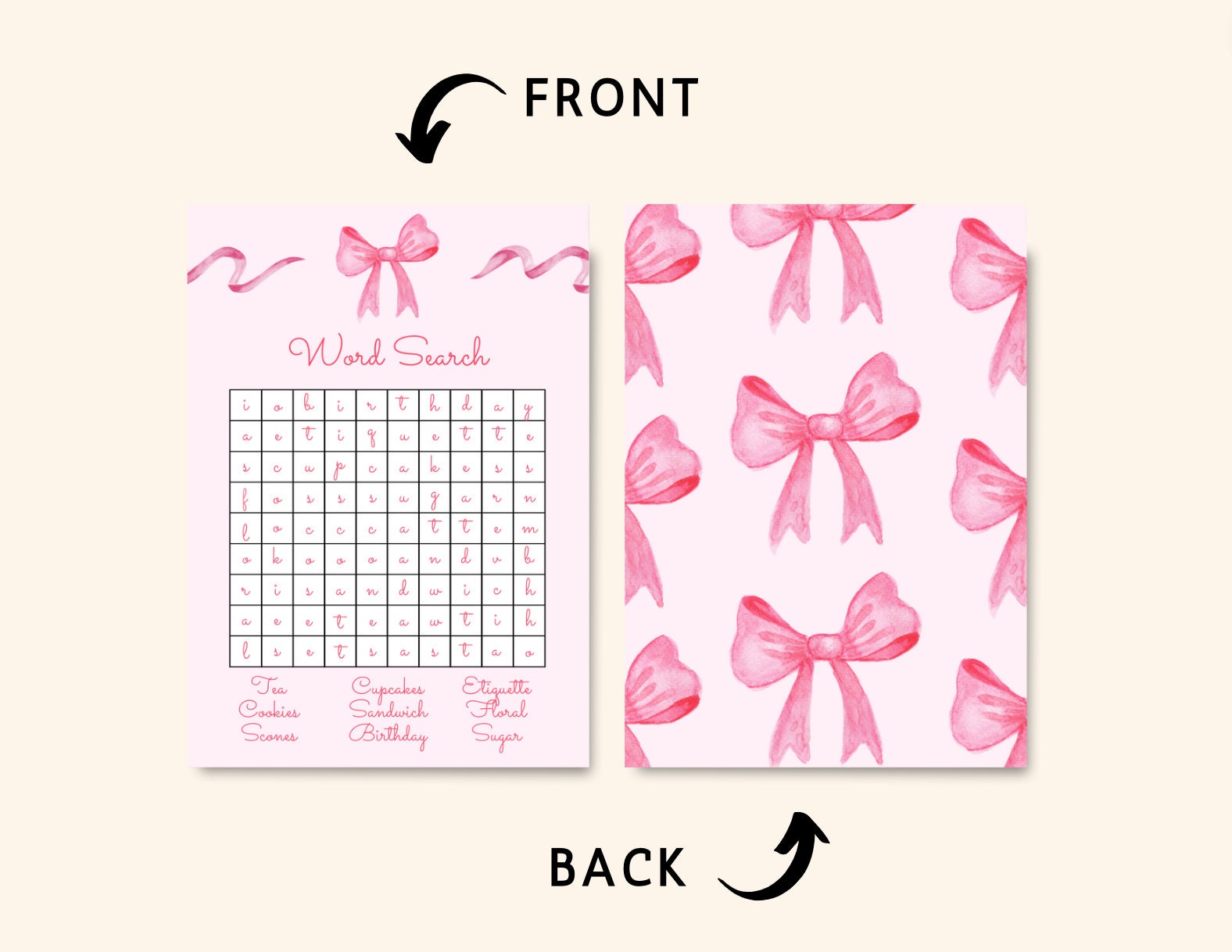 Coquette Birthday Word Search Activity | Girls Pink Game | Elegant Bow ...