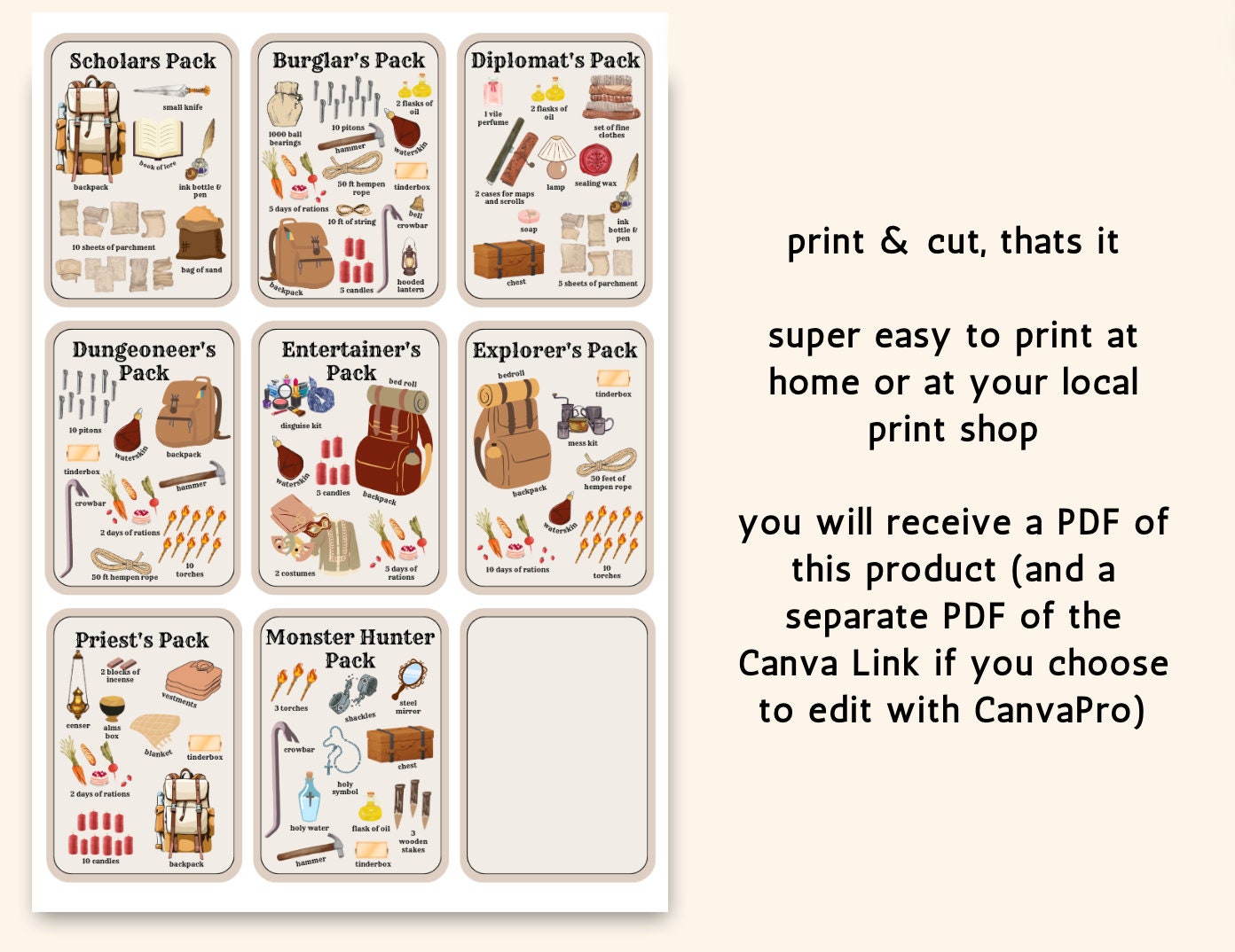 DND Equipment Packs Set of Printed Visual Aid Media PDF Player Handouts ...
