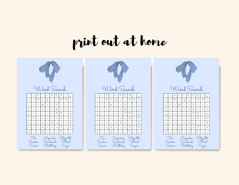 Coquette Word Search Activity Blue Game Elegant Bow Theme Tea Party DIY ...