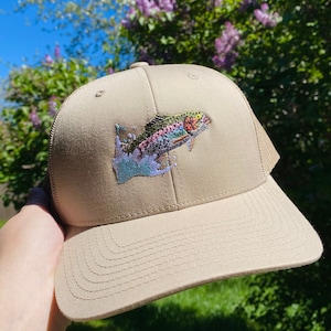 Embroidered Rainbow Trout Trucker Hat Mesh Back, Embroidered Fishing ...