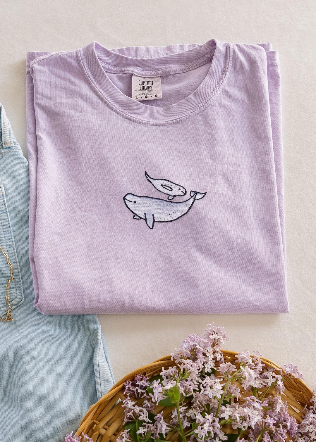 Embroidered Beluga Mom and Baby Calf Ocean Lover Tee: Comfort Colors ...
