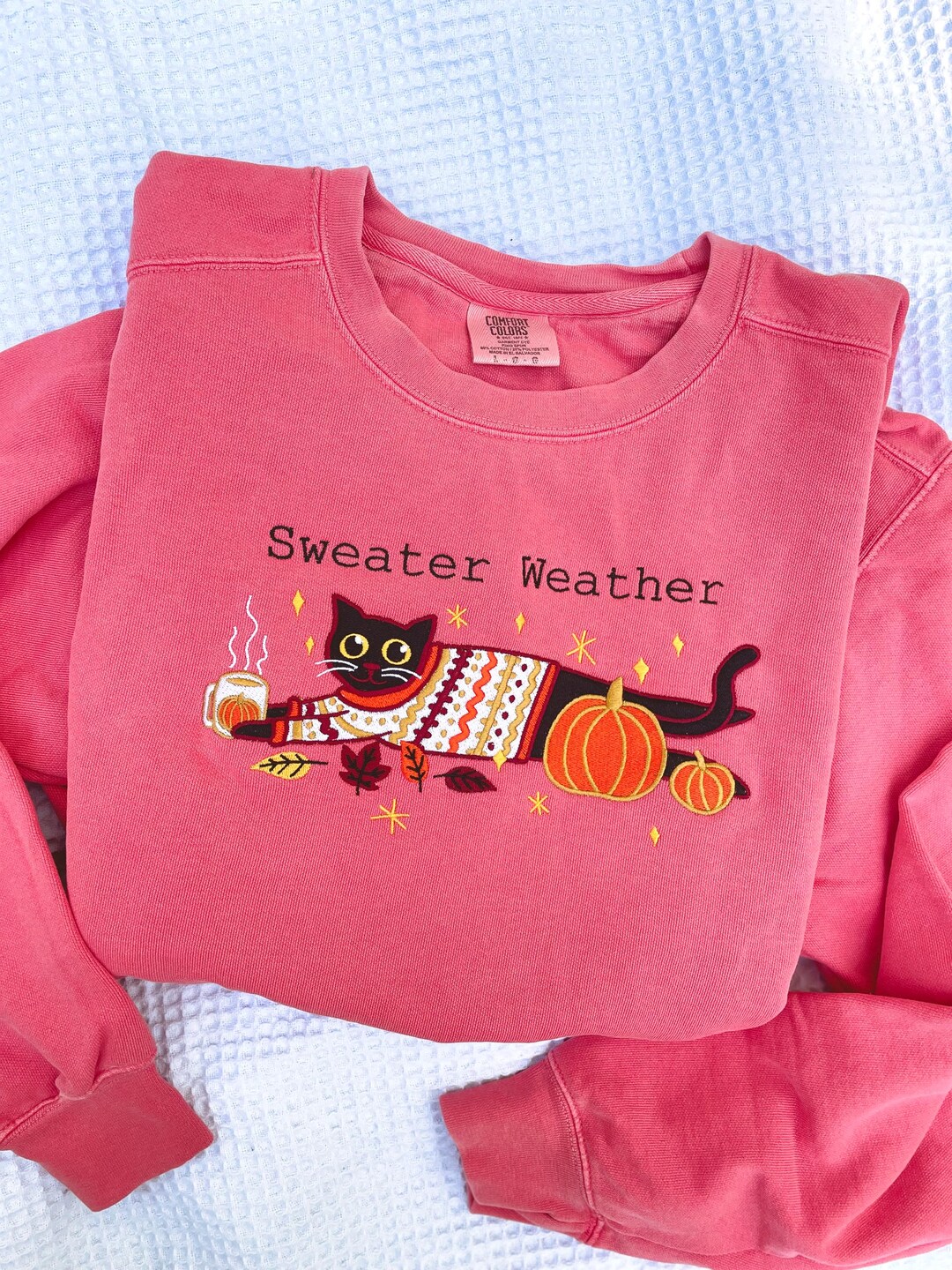 Embroidered Black Cat Sweater Weather Sweatshirt: Fall Pumpkin & Leaves ...