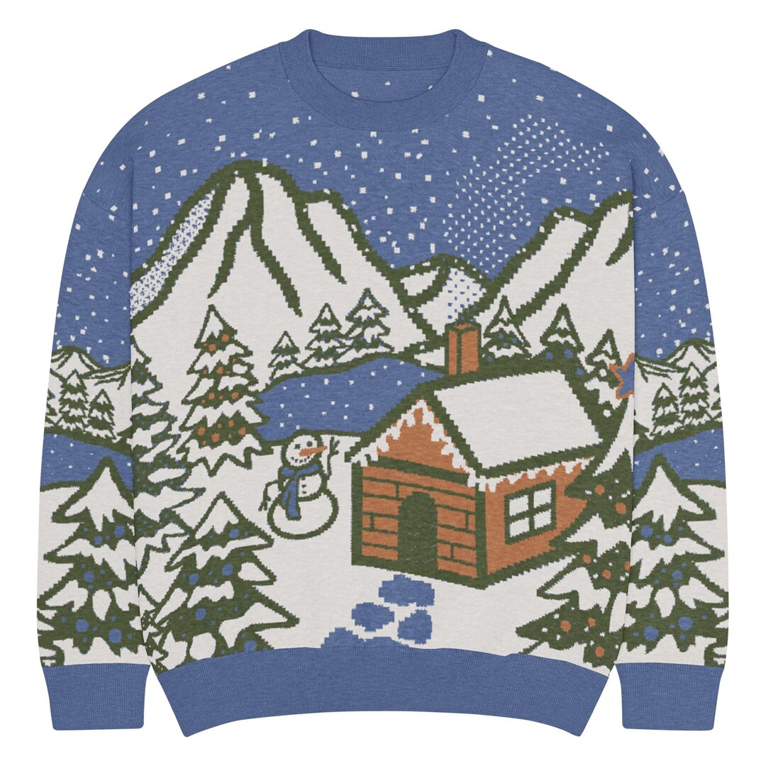 Jacquard Knit Classic Christmas Scene Sweater: Snow Mountains Cabin ...