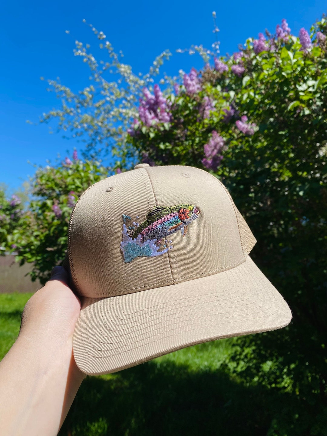 Embroidered Rainbow Trout Trucker Hat Mesh Back, Embroidered Fishing ...