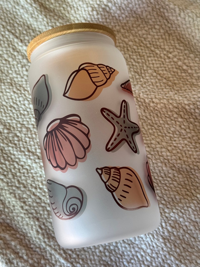 Seashell Sublimation Glass Cup- 16oz Glass Cups- Seashell Glass Cup ...