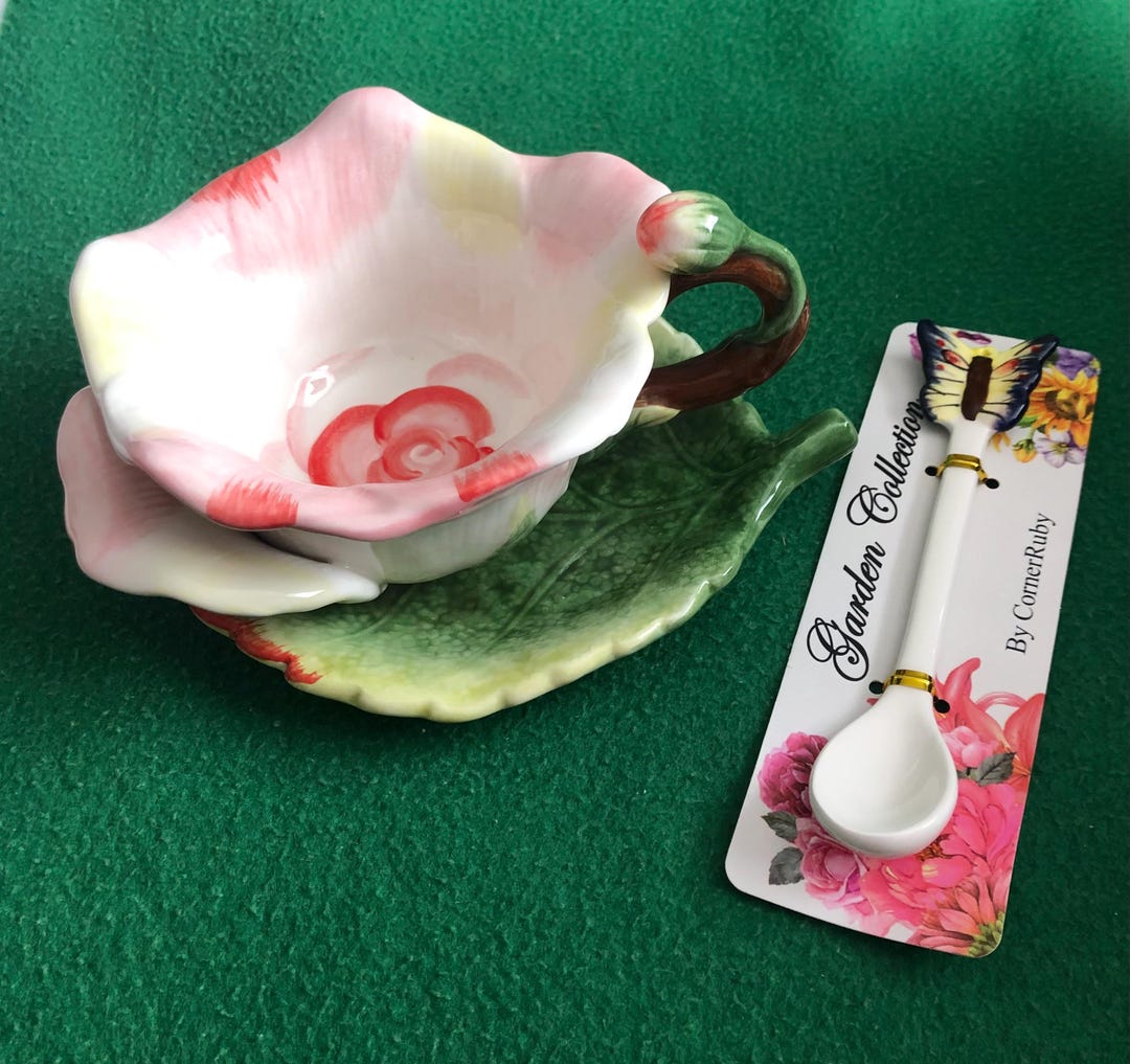 Rose Shaped Teacup With Saucer and Spoon by Corner Ruby - Garden ...