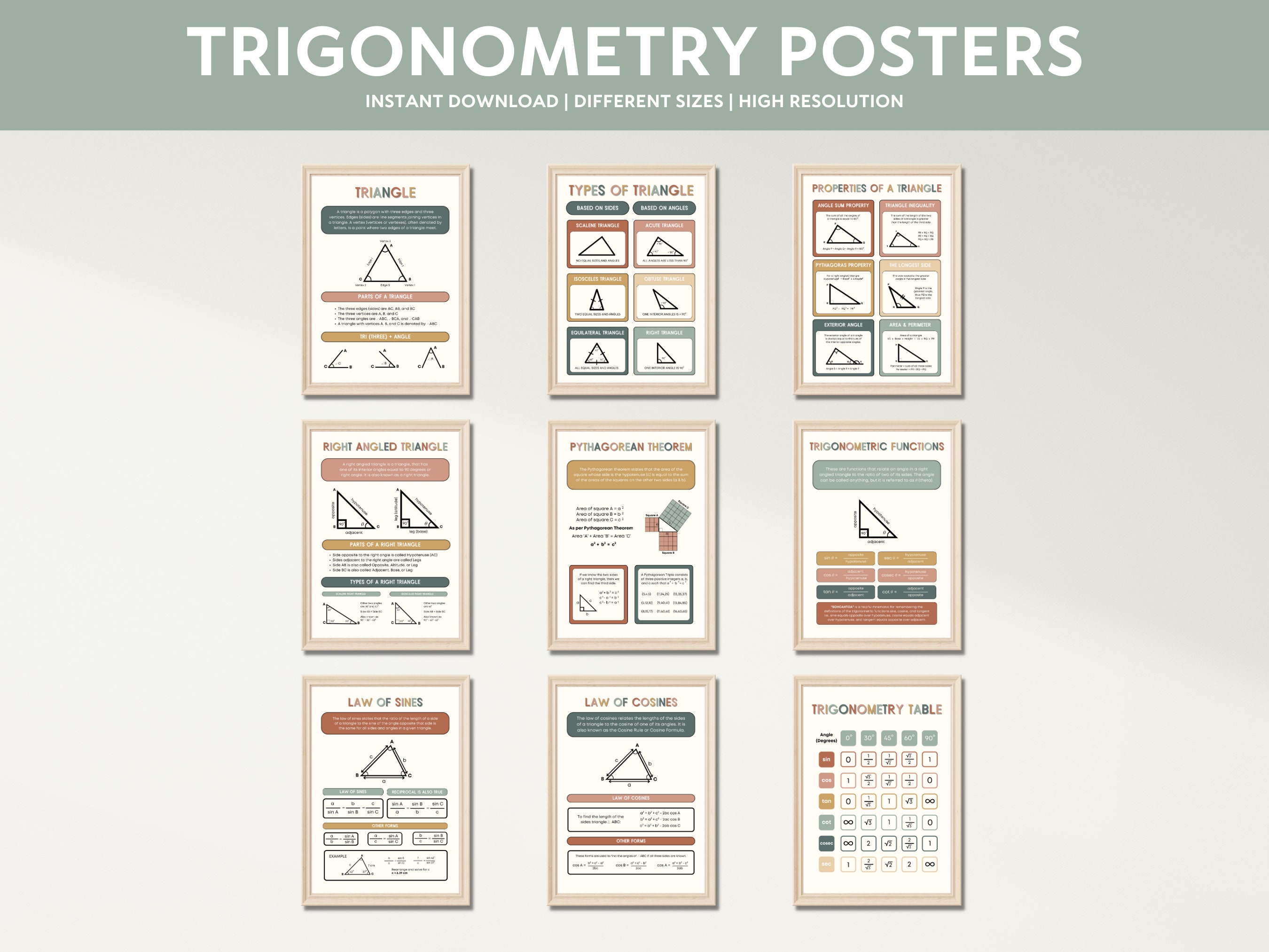 Trigonometry Posters, Types Properties of Triangle, Sine Law, Cosine ...