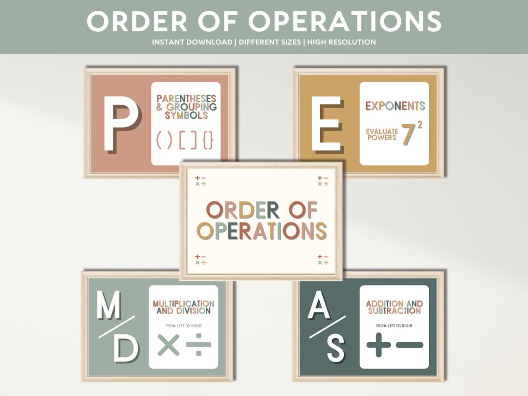 PEMDAS Printable Poster Set of 5, Order of Operations, Middle and High ...