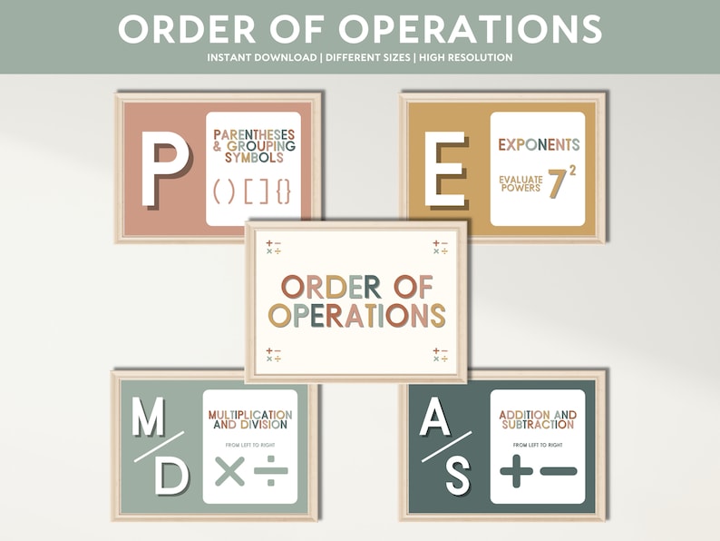 PEMDAS Printable Poster Set of 5, Order of Operations, Middle and High ...