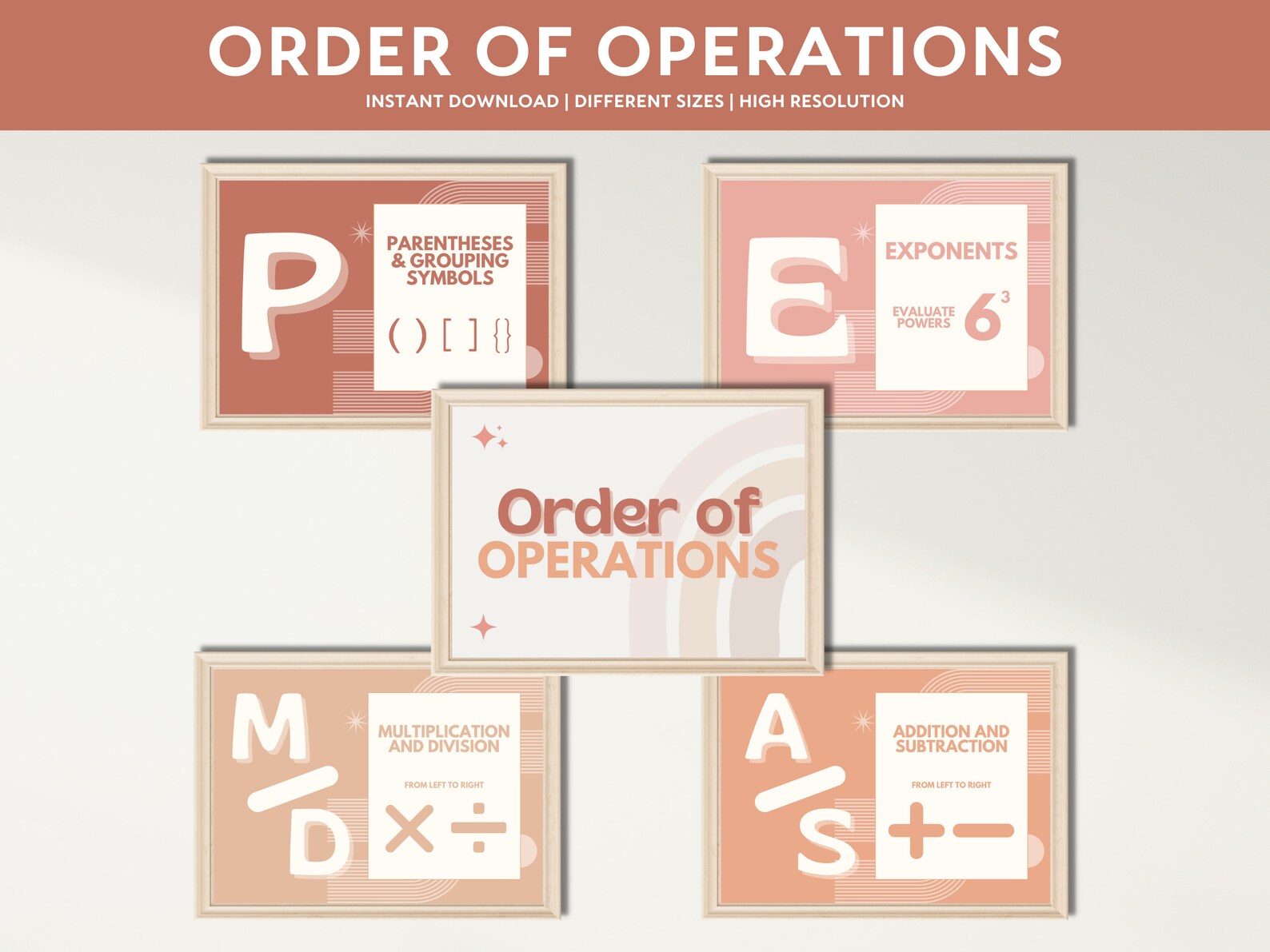 PEMDAS Printable Poster Set of 5, Order of Operations, Middle and High ...