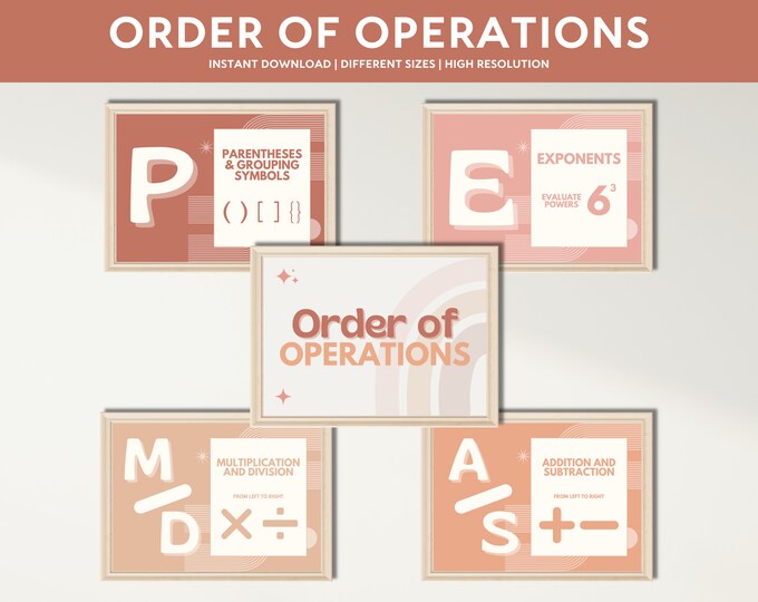 PEMDAS Printable Poster Set of 5, Order of Operations, Middle and High ...