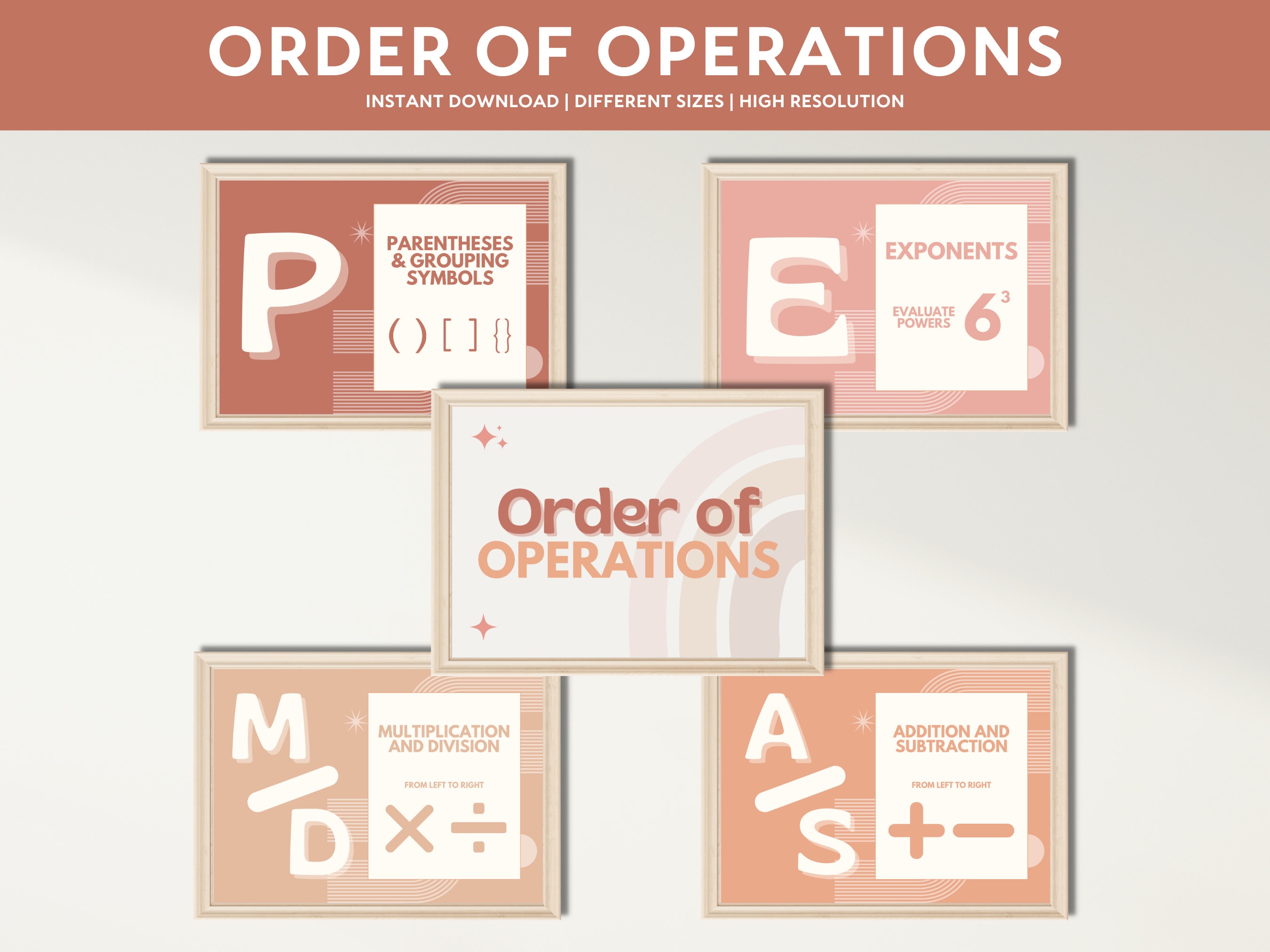 PEMDAS Printable Poster Set of 5, Order of Operations, Middle and High ...