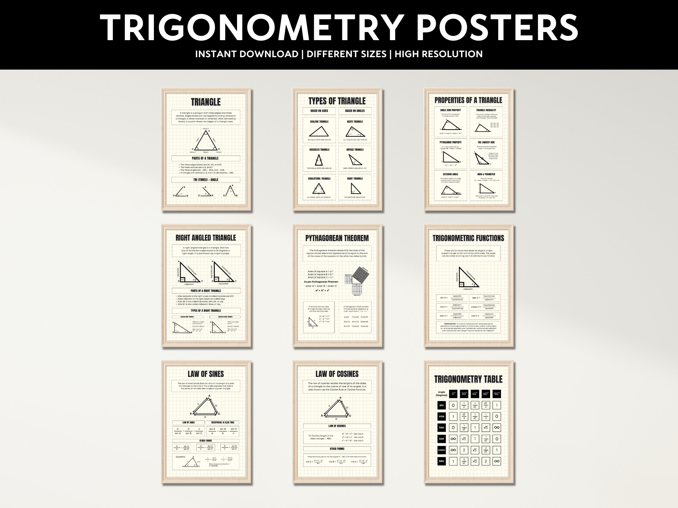 Trigonometry Posters, Types Properties of Triangle, Sine Law, Cosine ...