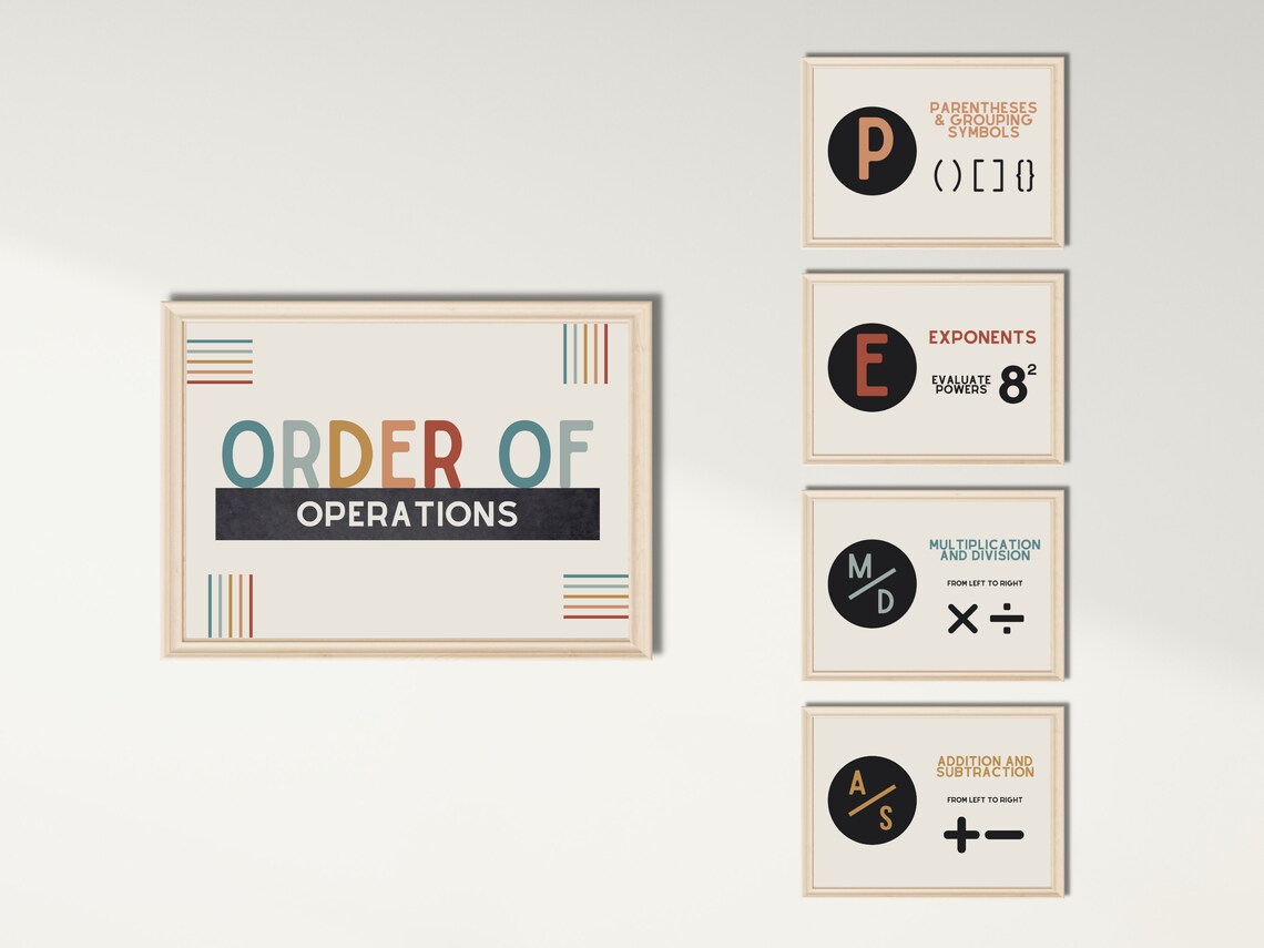 PEMDAS Printable Poster Set of 5, Order of Operations, Middle and High ...