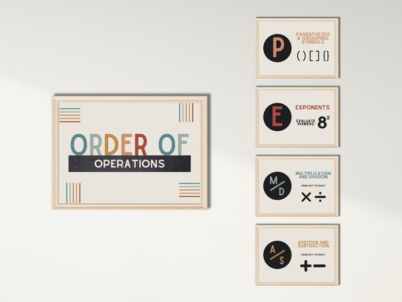 PEMDAS Printable Poster Set of 5, Order of Operations, Middle and High ...
