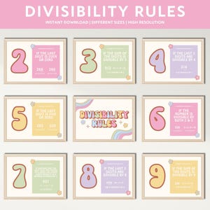 Divisibility Rules Printable Poster Set of 12, Middle and High School ...