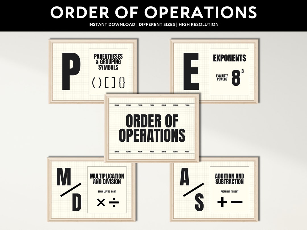 PEMDAS Printable Poster Set of 5, Order of Operations, Middle and High ...