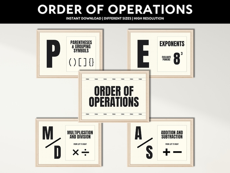 PEMDAS Printable Poster Set of 5, Order of Operations, Middle and High ...