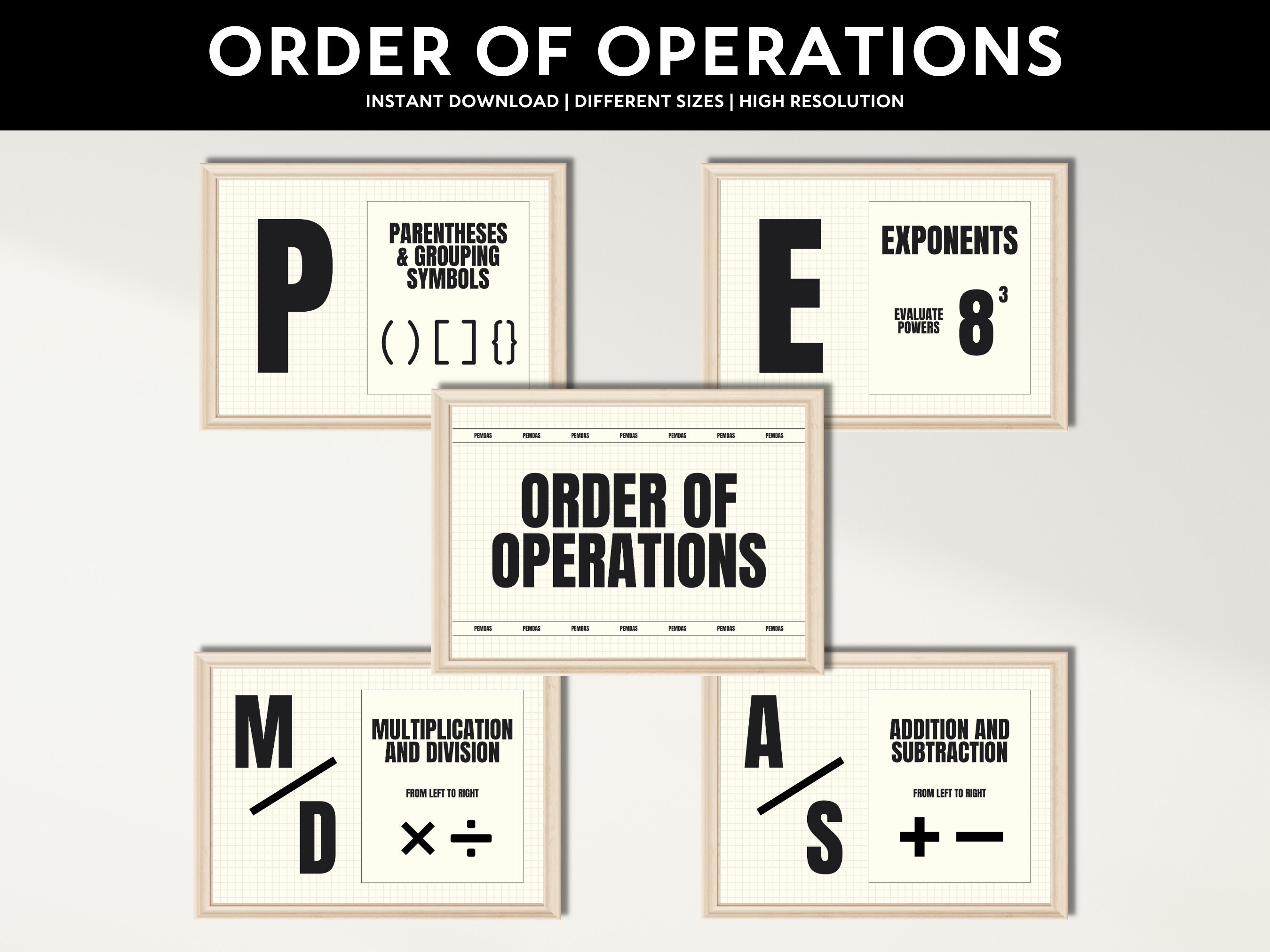 PEMDAS Printable Poster Set of 5, Order of Operations, Middle and High ...