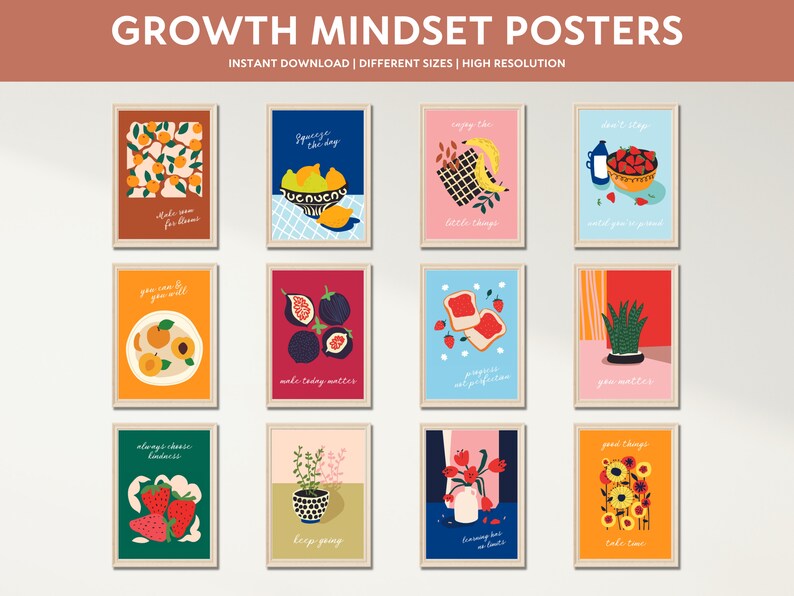 Growth Mindset Printable Poster Set of 12, Middle and High School ...