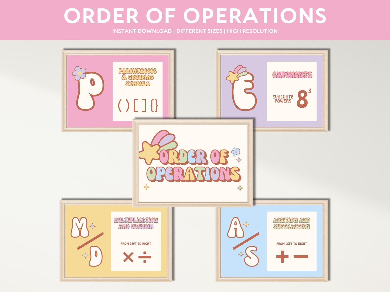 PEMDAS Printable Poster Set of 5, Order of Operations, Middle and High ...