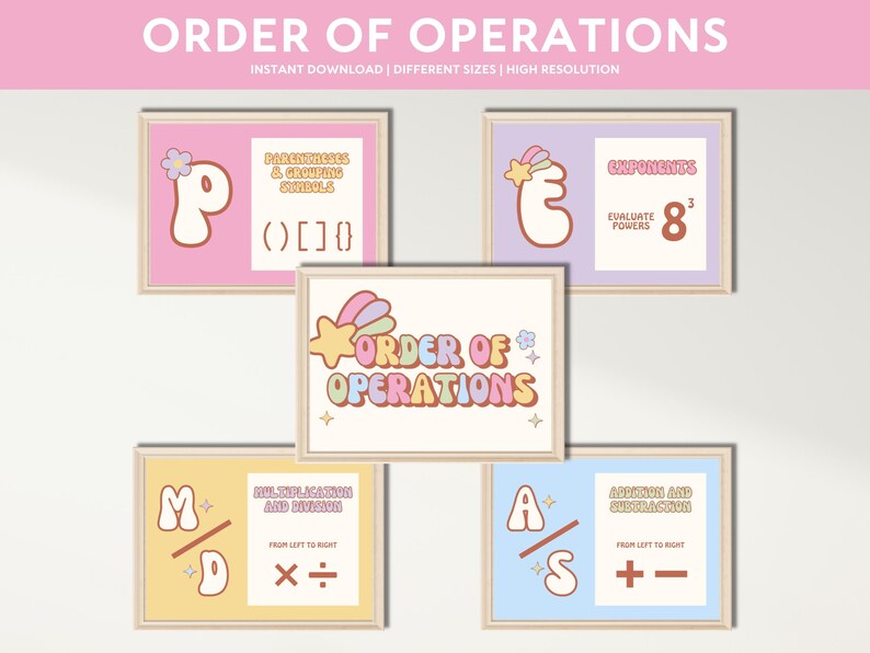 PEMDAS Printable Poster Set of 5, Order of Operations, Middle and High ...