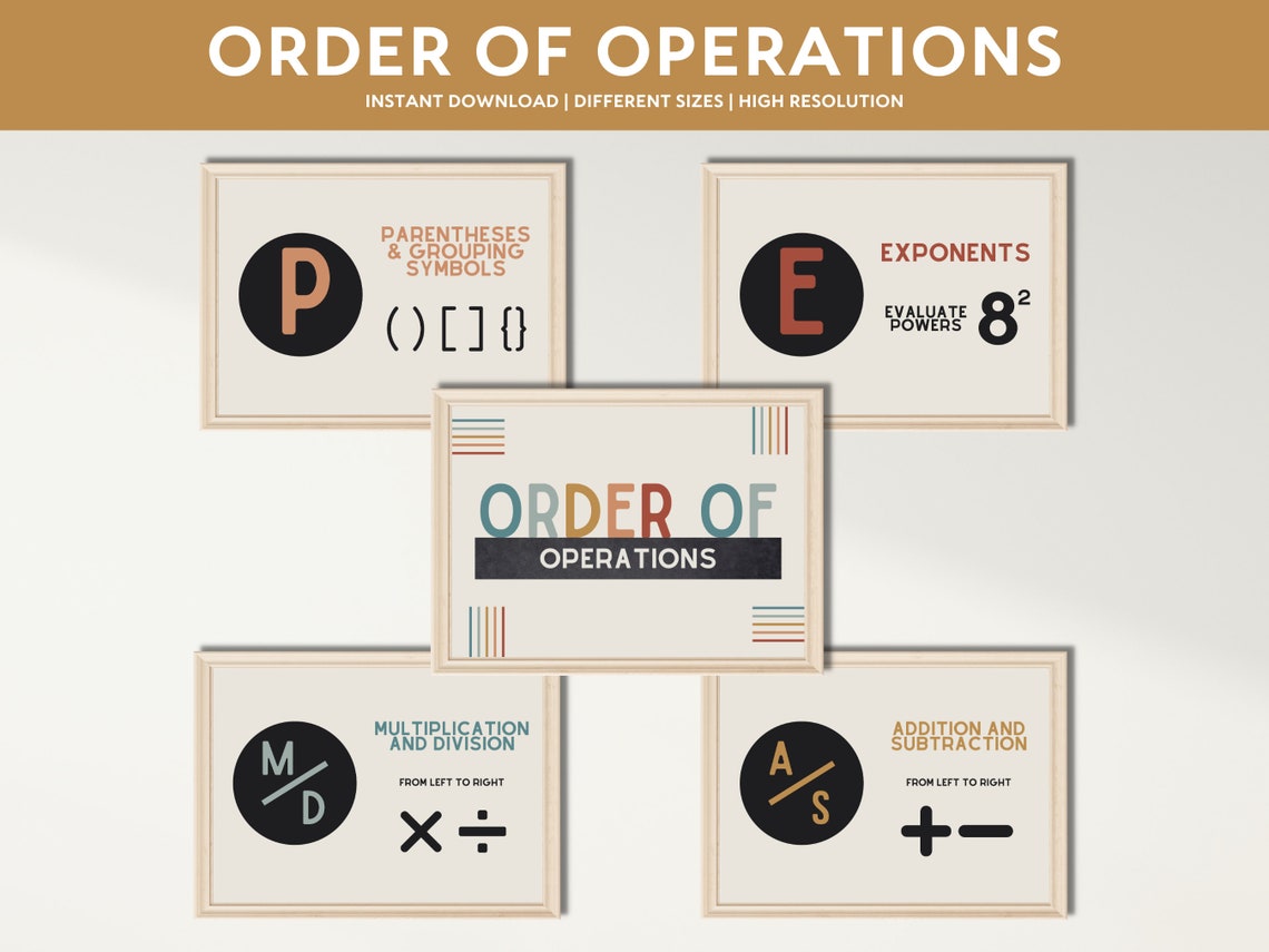 PEMDAS Printable Poster Set of 5, Order of Operations, Middle and High ...