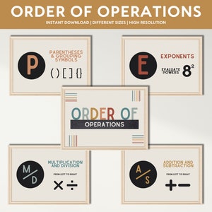 PEMDAS Printable Poster Set of 5, Order of Operations, Middle and High ...