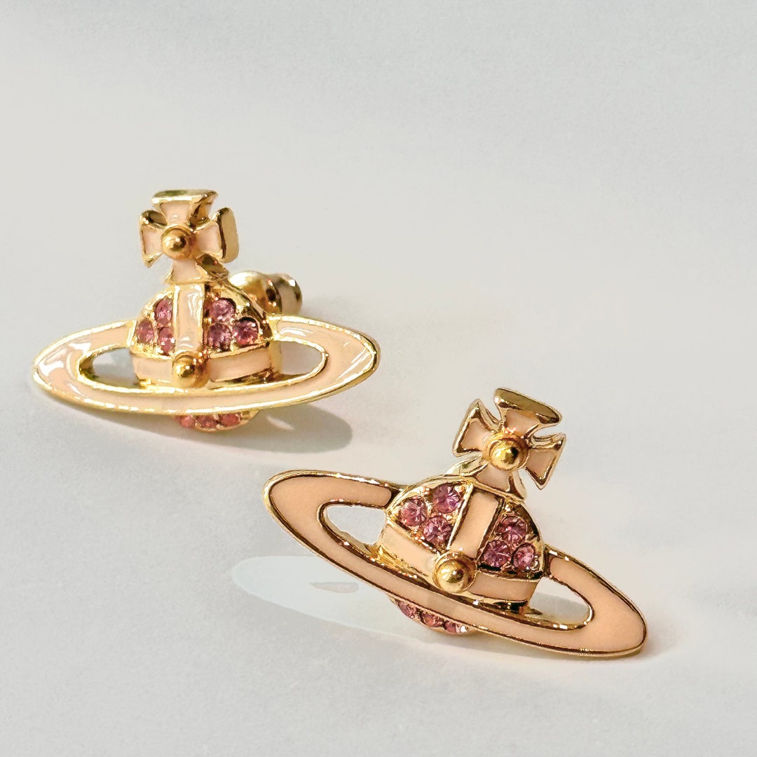 Gold Pink Bas Relief Enamel Vivienne Earrings, Orb Bas Planet Earrings ...