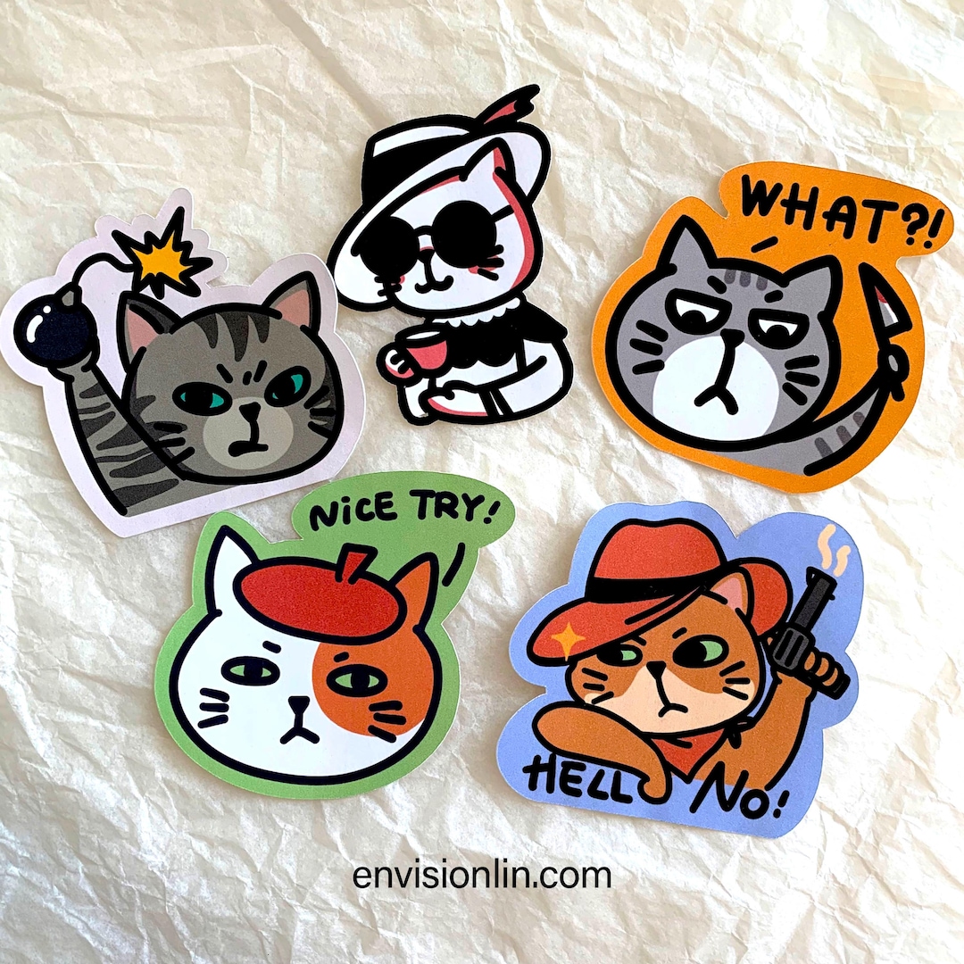 Silly Cat Sticker| Funny Cat Meme Stickers|illustration Cat Sticker ...