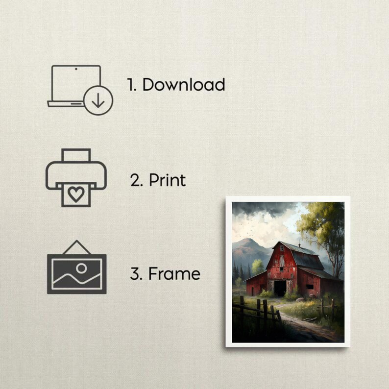Rustic Moody Barn Landscape Printable Wall Art - Vintage Oil Painting ...
