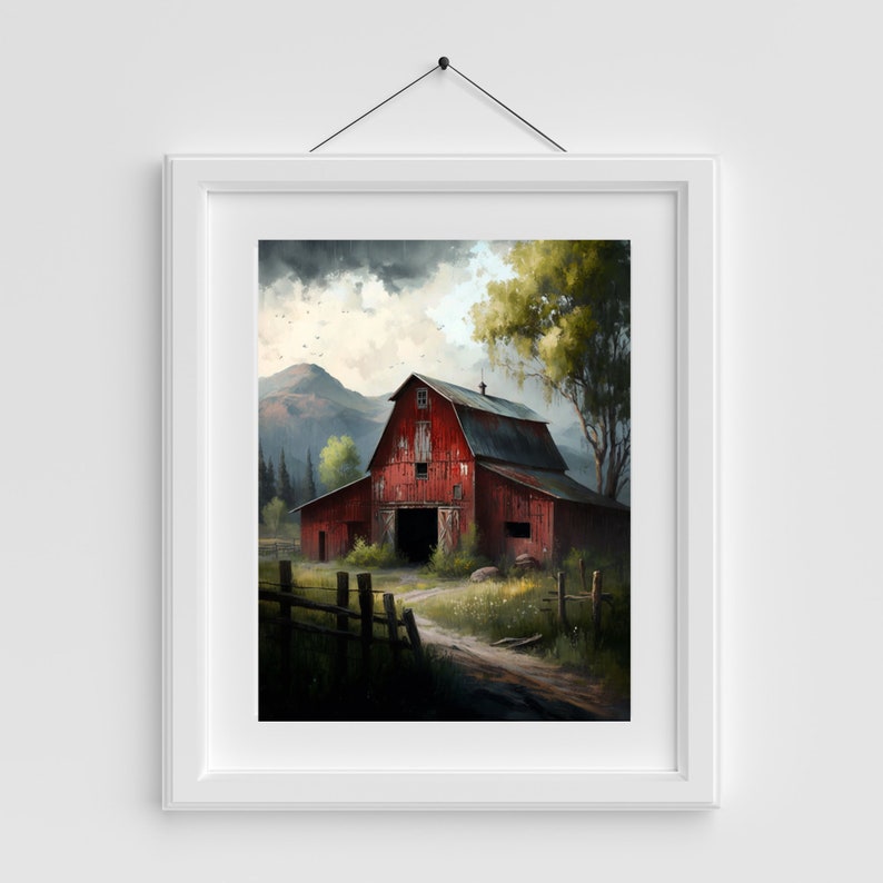 Rustic Moody Barn Landscape Printable Wall Art - Vintage Oil Painting ...
