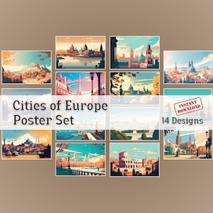 Cities of Europe - 14 Vector Art Style Panorama Posters - Digital ...